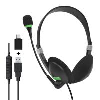 China USB Wired Call Center Headset with Microphone, Lightweight Dual Ear Headphone with Inline Volume Control & Mute, Includes USB-A to Type-C Adapter for PC Laptop Office Online Class Business Calls for sale