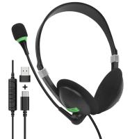 China USB Wired Call Center Headset with Microphone, Lightweight Dual Ear Headphone with Inline Volume Control & Mute, Includes USB-A to Type-C Adapter for PC Laptop Office Online Class Business Calls for sale