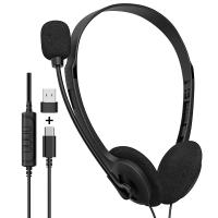 China USB Wired Call Center Headset with Microphone, Lightweight Dual Ear Headphone with Inline Volume Control & Mute, Includes USB-A to Type-C Adapter for PC Laptop Office Online Class Business Calls for sale