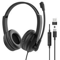 China USB Wired Call Center Headset with Microphone, Lightweight Dual Ear Headphone with Inline Volume Control & Mute, Includes USB-A to Type-C Adapter for PC Laptop Office Online Class Business Calls for sale