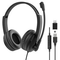 China USB Wired Call Center Headset with Microphone, Lightweight Dual Ear Headphone with Inline Volume Control & Mute, Includes USB-A to Type-C Adapter for PC Laptop Office Online Class Business Calls for sale