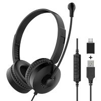 China USB Wired Call Center Headset with Microphone, Lightweight Dual Ear Headphone with Inline Volume Control & Mute, Includes USB-A to Type-C Adapter for PC Laptop Office Online Class Business Calls for sale