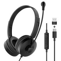 China USB Wired Call Center Headset with Microphone, Lightweight Dual Ear Headphone with Inline Volume Control & Mute, Includes USB-A to Type-C Adapter for PC Laptop Office Online Class Business Calls for sale