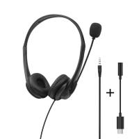 China 3.5mm Wired Headset with Adjustable Boom Microphone, Lightweight Dual-Ear Headphones, with 3.5mm to Type-C Adapter for PC Laptop Online Class Office Conference Calls for sale