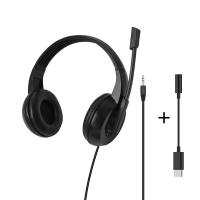 China 3.5mm Wired Headset with Adjustable Boom Microphone, Lightweight Dual-Ear Headphones, with 3.5mm to Type-C Adapter for PC Laptop Online Class Office Conference Calls for sale