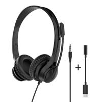 China 3.5mm Wired Headset with Adjustable Boom Microphone, Lightweight Dual-Ear Headphones, with 3.5mm to Type-C Adapter for PC Laptop Online Class Office Conference Calls for sale