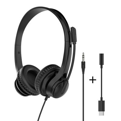 China 3.5mm Wired Headset with Adjustable Boom Microphone, Lightweight Dual-Ear Headphones, with 3.5mm to Type-C Adapter for PC Laptop Online Class Office Conference Calls for sale