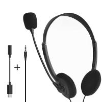 China 3.5mm Wired Headset with Adjustable Boom Microphone, Lightweight Dual-Ear Headphones, with 3.5mm to Type-C Adapter for PC Laptop Online Class Office Conference Calls for sale