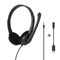 China 3.5mm Wired Headset with Adjustable Boom Microphone, Lightweight Dual-Ear Headphones, with 3.5mm to Type-C Adapter for PC Laptop Online Class Office Conference Calls for sale