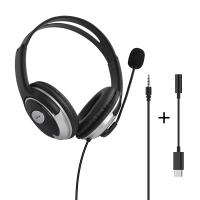 China 3.5mm Wired Headset with Adjustable Boom Microphone, Lightweight Dual-Ear Headphones, with 3.5mm to Type-C Adapter for PC Laptop Online Class Office Conference Calls for sale