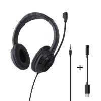 China 3.5mm Wired Headset with Adjustable Boom Microphone, Lightweight Dual-Ear Headphones, with 3.5mm to Type-C Adapter for PC Laptop Online Class Office Conference Calls for sale