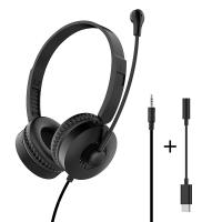 China 3.5mm Wired Headset with Adjustable Boom Microphone, Lightweight Dual-Ear Headphones, with 3.5mm to Type-C Adapter for PC Laptop Online Class Office Conference Calls for sale
