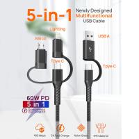 China 5 in 1 Multi USB Charging Cable 60W PD Fast Charging Nylon Braided Multi‑Connector Data Cable for iPhone Android Type‑C Micro USB for sale