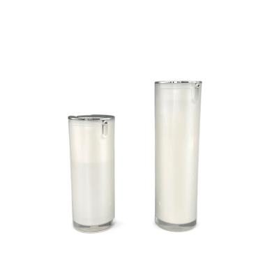 China Pearl White 30ml Airless Pump Bottle 50ml Acrylic Silver Metallized Round Shape for sale