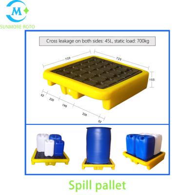 China SUNMORE Thickened HDPE Spill Tray With 45L Liquid Storage Sump, Double Side Forklift Spill Containment Pallet For Industrial Chemical Barrel for sale
