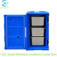 China SUNMORE ROTO OEM 120L Small Wheeled Rotomolded Insulated Cooler Box, Blue Thick PU Foam Heat & Cold Retention Food Transport Cabinet For Catering Canteen Takeaway for sale