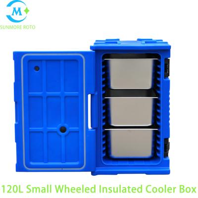 China SUNMORE ROTO OEM 120L Small Wheeled Rotomolded Insulated Cooler Box, Blue Thick PU Foam Heat & Cold Retention Food Transport Cabinet For Catering Canteen Takeaway for sale