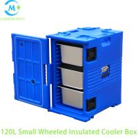 China SUNMORE ROTO OEM 120L Small Wheeled Rotomolded Insulated Cooler Box, Blue Thick PU Foam Heat & Cold Retention Food Transport Cabinet For Catering Canteen Takeaway for sale