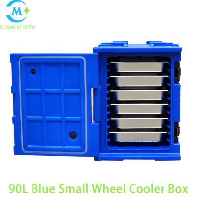 China SUNMORE ROTO OEM 90L Blue Small Wheeled Rotomolded Insulated Box, Thick PU Foam Hot & Cold Holding GN Pan Food Transport Cabinet For Catering Canteen Central Kitchen for sale