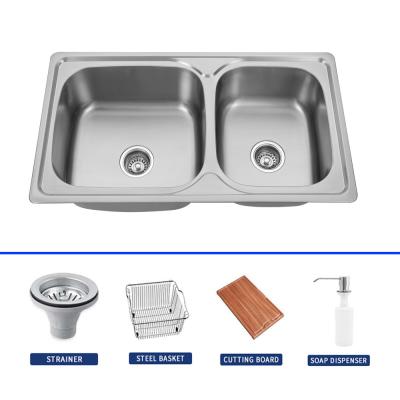 China Topmount Rectangle Stainless Steel Sink Double Bowl For Kitchen for sale