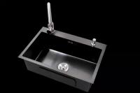 China Acrylic Resin Black Quartz Kitchen Sink With Drainboard 680*460mm for sale