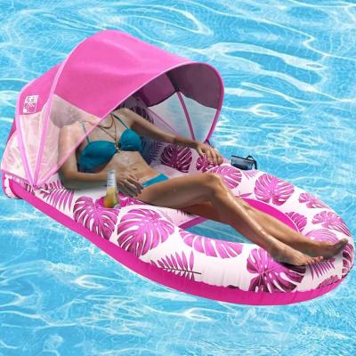 China PVC Inflatable Sunshade Floating Bed Canopy Pool Lounge Chair Detachable Floating Raft Backrest Hollow-Design for Beach Water for sale