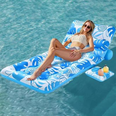 China Cross-border PVC Inflatable Raft Cup Holder Backrest Hollow-Design Floating Bed Tropical Leaf Patterned Beach Water Mattress for sale