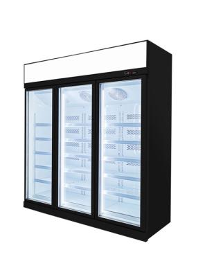 China Vertical Triple Door Heated Hyper Market Glass Display Freezer 220V 1450L for sale