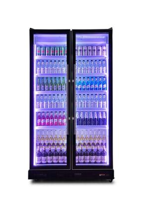 China Fan Cooling Commercial Beverage Cooler Tricolor LED Light Vertical Dazzle Black Drink Chiller for sale