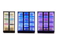 China 3 Doors Beverage Display Cooler Tricolor LED Light Vertical Dazzle Black Drink Chiller for sale