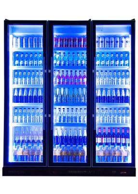 China Fan Cooling Commercial Display Chiller Multiple Glass Doors Dazzle Black Drinks Display Fridge for sale