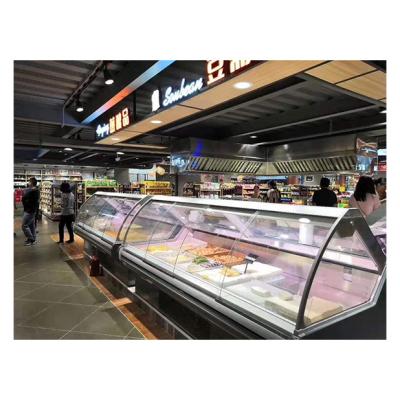 China Lower Unit Curved Transparent Glass Cooked Food Refrigeration And Freezing Display Cooked Food Freezer for sale