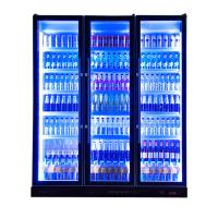 China Three Glass Doors Vertical Commercial Latest Model Multiple LED Lights Beverage Refrigeration Display Freezer for sale
