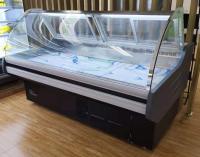 China Commercial Meat Display Cabinet with Curved Glass Stainless Steel Interior and Fan Cooling System for sale