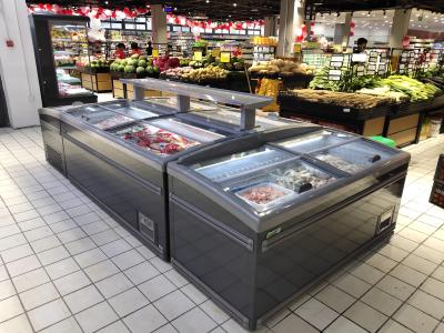 China Supermarket Curved Lid Chest Display Combined Island Fridge Freezer Sliding Door for sale