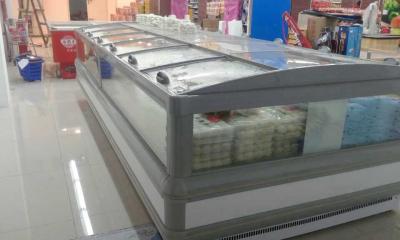 China Gray R404a Supermarket  Island Freezer Cabinet With Curve Glass Sliding Open for sale