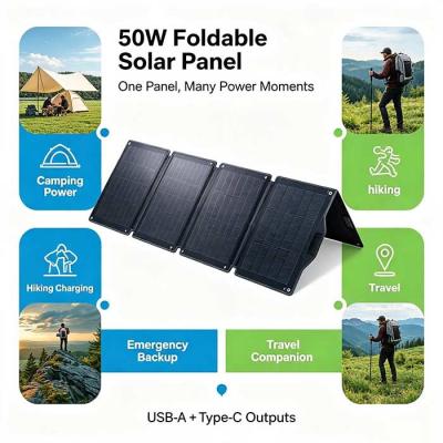 China 50 W Foldable Portable Solar Charger, DC 5521 USB‑C Solar Panel for RV & Van‑life for sale