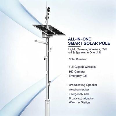 China Multi‑Sensor Solar Smart Pole, Weather Monitoring, Broadcasting Speaker & HD Surveillance Camera for sale