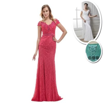 China Custom Red V Neck Evening Dress for Women Elegant Party Wear Ready to Ship for sale