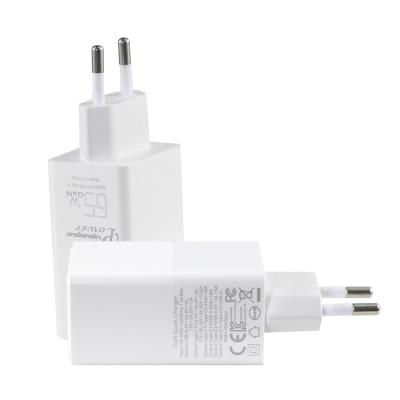China 65W GaN USB-C PD3.0 Fast Charger with EU Plug - 20V/3.25A Output Compact 55x55x28mm Design for sale