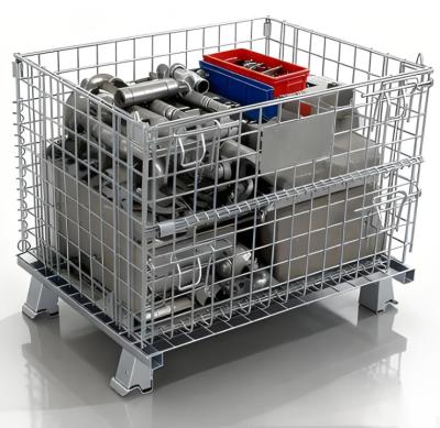 China Folding Lockable Mesh Container Wire Storage Cage Galvanized For Warehouse for sale