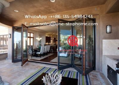 China Aluminum folding door for restaurant,Wood color surface treatment aluminium profile glass folding doors for balcony door for sale