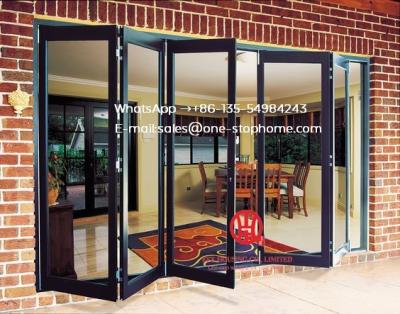 China Aluminium Double Glass Folding Door for Entrance,Wooden Color Safety Glass Aluminum Folding Door for sale