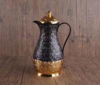 China Stocked Royal Black Gold Arabian Glass Liner Carefe Porcelain Cawa Cup 1L Tea Coffee Kettle Set Dallah Pot Arabic Coffee Vacuum Flasks for sale