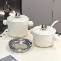 China Stylish Heart-Shaped Ceramic Bowl with Double Handles Stainless Steel Lid Microwaveable for sale