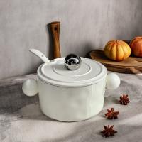 China Stainless Steel Lid Ceramic Double Ear Bowl for Noodles and Soups Printed Food Container for sale