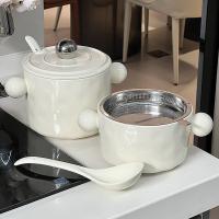 China Lelyi 2024 Double Ear Heart-Shaped Ceramic Instant Noodle Bowl with Lid Dish and Bowl for sale