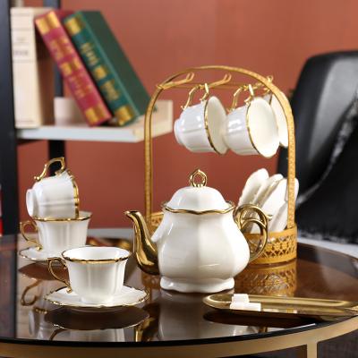 China Ceramic Porcelain Coffee Cup Set Gold Rim Plain White European Design for Afternoon Tea for sale