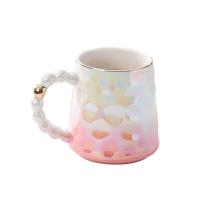 China Stylish Pink Pearl Ceramic Coffee Mug Set with Saucer and Bamboo Tea Cup 1300ml Capacity for sale