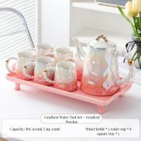 China Stylish Pink Pearl Ceramic Coffee Mug Set with Saucer and Bamboo Tea Cup 1300ml Capacity for sale